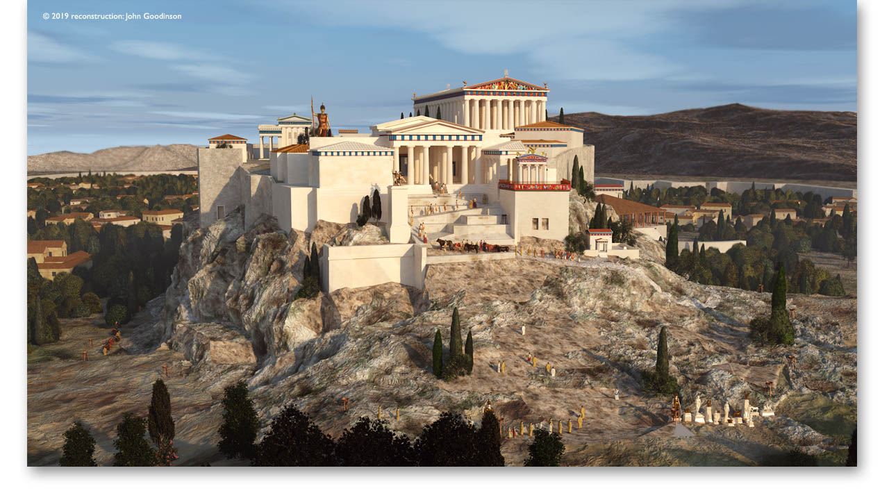Idealised reconstruction of the Acropolis and Areus Pagus in Athens ...